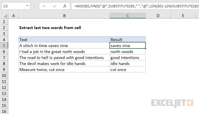 Extract Last Two Words From Cell Excel Formula Exceljet